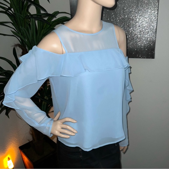 Tops | Powder Blue Ruffled Long Sleeve Cold Shoulder Party Top | Poshmark
